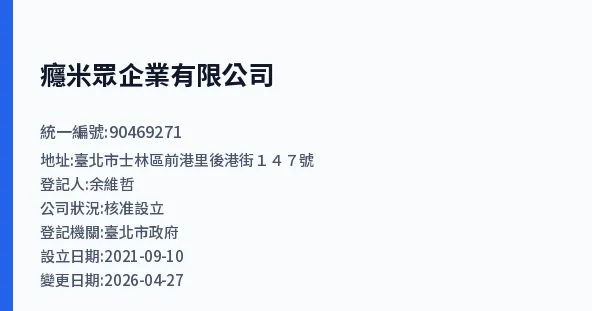 癮米眾企業有限公司的照片-統編 90469271(臺北市) 公司登記資料與營業項目詳細圖表