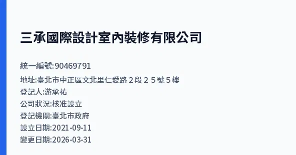 三承國際設計室內裝修有限公司的照片-統編 90469791(臺北市) 公司登記資料與營業項目詳細圖表
