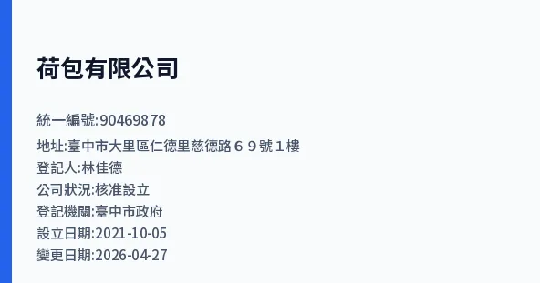 荷包有限公司的照片-統編 90469878(臺中市) 公司登記資料與營業項目詳細圖表