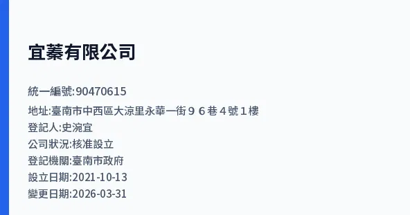 宜蓁有限公司的照片-統編 90470615(臺南市) 公司登記資料與營業項目詳細圖表