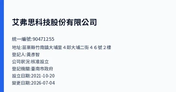 艾弗思科技股份有限公司的照片-統編 90471255(苗栗縣) 公司登記資料與營業項目詳細圖表