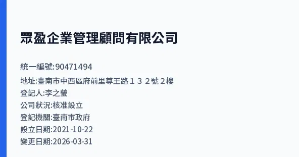 眾盈企業管理顧問有限公司的照片-統編 90471494(臺南市) 公司登記資料與營業項目詳細圖表