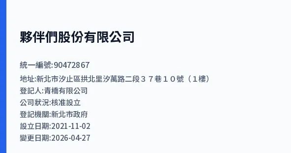 夥伴們股份有限公司的照片-統編 90472867(新北市) 公司登記資料與營業項目詳細圖表