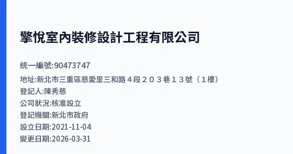 擎悅室內裝修設計工程有限公司的照片-統編 90473747(新北市) 公司登記資料與營業項目詳細圖表