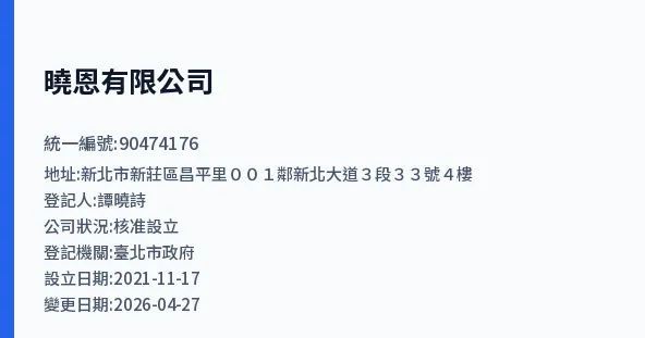 曉恩有限公司的照片-統編 90474176(新北市) 公司登記資料與營業項目詳細圖表