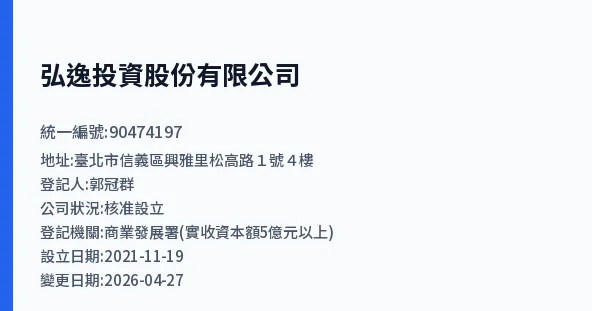 弘逸投資股份有限公司的照片-統編 90474197(臺北市) 公司登記資料與營業項目詳細圖表