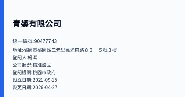 青鋆有限公司的照片-統編 90477743(桃園市) 公司登記資料與營業項目詳細圖表