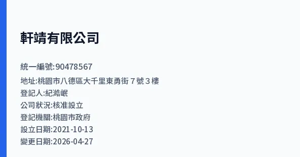 軒靖有限公司的照片-統編 90478567(桃園市) 公司登記資料與營業項目詳細圖表