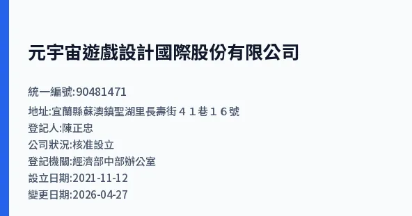 元宇宙遊戲設計國際股份有限公司的照片-統編 90481471(宜蘭縣) 公司登記資料與營業項目詳細圖表