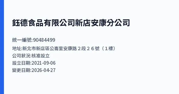 鈺德食品有限公司新店安康分公司的照片-統編 90484499(新北市) 公司登記資料與營業項目詳細圖表