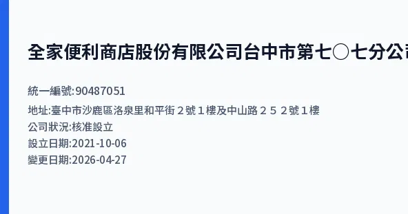全家便利商店股份有限公司台中市第七○七分公司的照片-統編 90487051(臺中市) 公司登記資料與營業項目詳細圖表