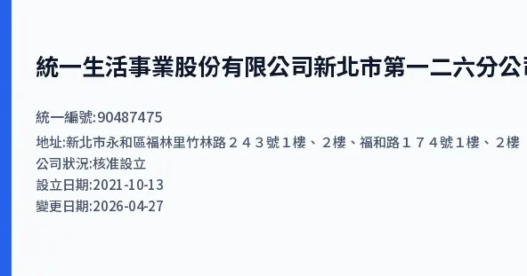 統一生活事業股份有限公司新北市第一二六分公司的照片-統編 90487475(新北市) 公司登記資料與營業項目詳細圖表