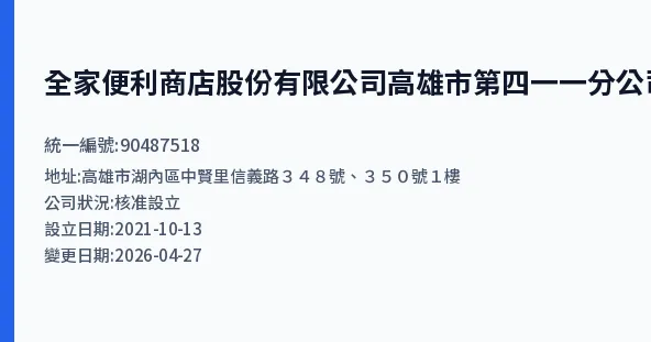 全家便利商店股份有限公司高雄市第四一一分公司的照片-統編 90487518(高雄市) 公司登記資料與營業項目詳細圖表