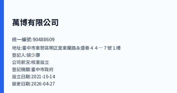 萬博有限公司的照片-統編 90488609(臺中市) 公司登記資料與營業項目詳細圖表