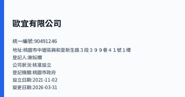 歐宜有限公司的照片-統編 90491246(桃園市) 公司登記資料與營業項目詳細圖表