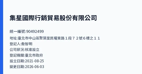 集星國際行銷貿易股份有限公司的照片-統編 90492499(臺北市) 公司登記資料與營業項目詳細圖表