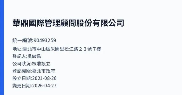 華鼎國際管理顧問股份有限公司的照片-統編 90493259(臺北市) 公司登記資料與營業項目詳細圖表