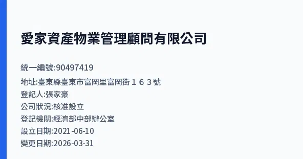 愛家資產物業管理顧問有限公司的照片-統編 90497419(臺東縣) 公司登記資料與營業項目詳細圖表