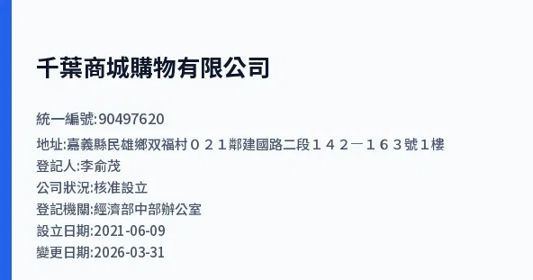 千葉商城購物有限公司的照片-統編 90497620(嘉義縣) 公司登記資料與營業項目詳細圖表
