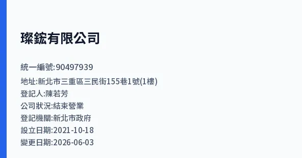 璨鋐有限公司的照片-統編 90497939(新北市) 公司登記資料與營業項目詳細圖表