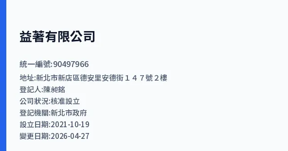 益著有限公司的照片-統編 90497966(新北市) 公司登記資料與營業項目詳細圖表