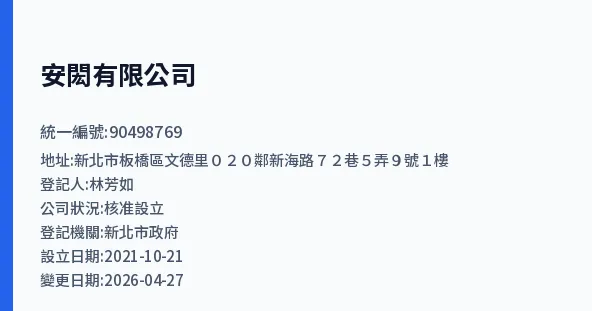 安閎有限公司的照片-統編 90498769(新北市) 公司登記資料與營業項目詳細圖表
