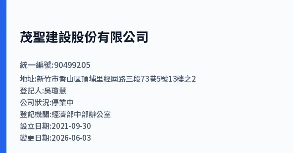 茂聖建設股份有限公司的照片-統編 90499205(新竹市) 公司登記資料與營業項目詳細圖表