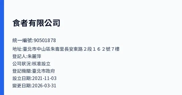食者有限公司的照片-統編 90501878(臺北市) 公司登記資料與營業項目詳細圖表