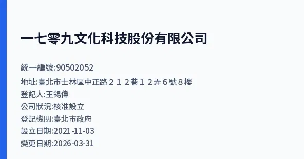 一七零九文化科技股份有限公司的照片-統編 90502052(臺北市) 公司登記資料與營業項目詳細圖表
