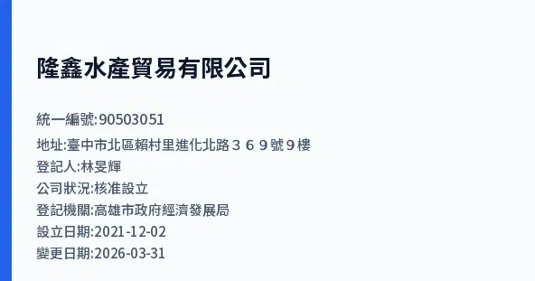 隆鑫水產貿易有限公司的照片-統編 90503051(臺中市) 公司登記資料與營業項目詳細圖表