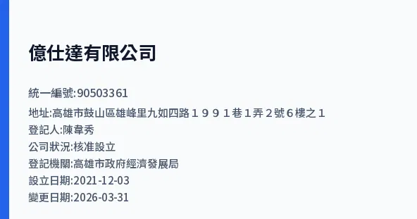 億仕達有限公司的照片-統編 90503361(高雄市) 公司登記資料與營業項目詳細圖表