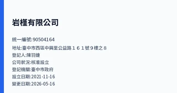 岩槿有限公司的照片-統編 90504164(臺中市) 公司登記資料與營業項目詳細圖表