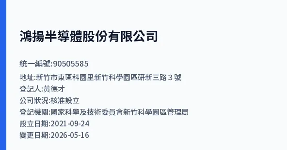鴻揚半導體股份有限公司的照片-統編 90505585(新竹市) 公司登記資料與營業項目詳細圖表