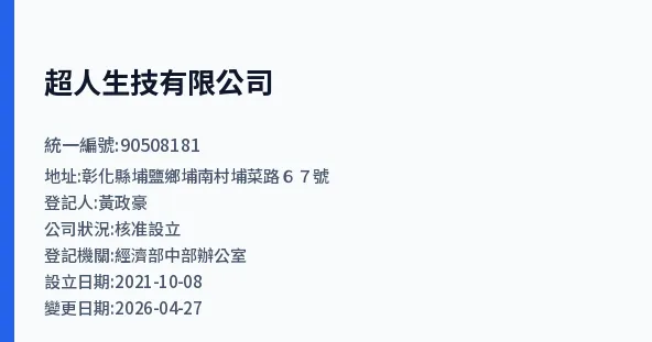 超人生技有限公司的照片-統編 90508181(彰化縣) 公司登記資料與營業項目詳細圖表