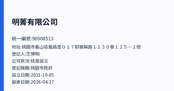 明菁有限公司的照片-統編 90508513(桃園市) 公司登記資料與營業項目詳細圖表