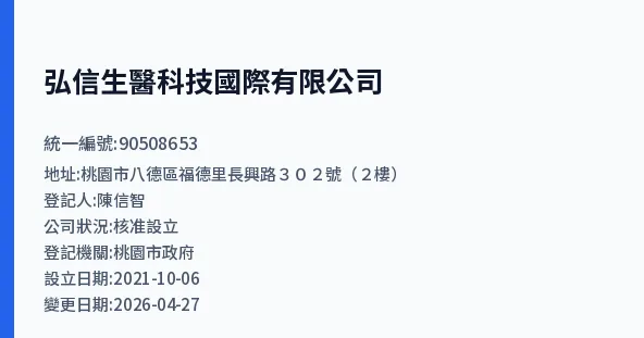 弘信生醫科技國際有限公司的照片-統編 90508653(桃園市) 公司登記資料與營業項目詳細圖表