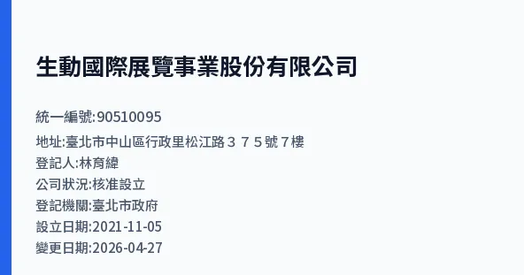 生動國際展覽事業股份有限公司的照片-統編 90510095(臺北市) 公司登記資料與營業項目詳細圖表