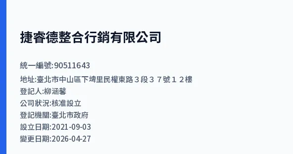 捷睿德整合行銷有限公司的照片-統編 90511643(臺北市) 公司登記資料與營業項目詳細圖表