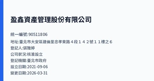 盈鑫資產管理股份有限公司的照片-統編 90511806(臺北市) 公司登記資料與營業項目詳細圖表