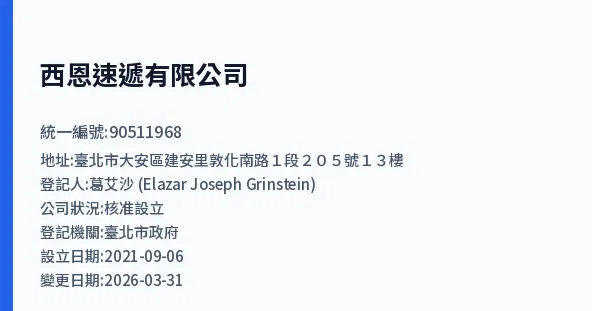 西恩速遞有限公司的照片-統編 90511968(臺北市) 公司登記資料與營業項目詳細圖表