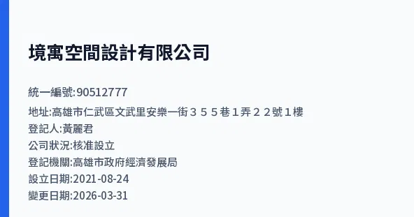 境寓空間設計有限公司的照片-統編 90512777(高雄市) 公司登記資料與營業項目詳細圖表
