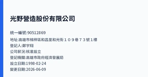 光野營造股份有限公司的照片-統編 90512869(高雄市) 公司登記資料與營業項目詳細圖表