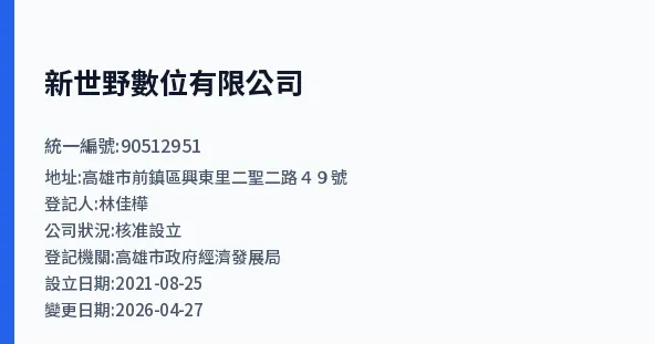 新世野數位有限公司的照片-統編 90512951(高雄市) 公司登記資料與營業項目詳細圖表
