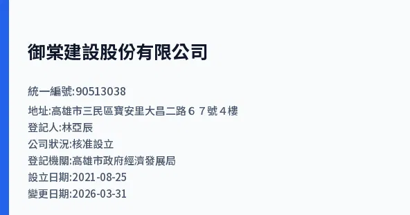 御棠建設股份有限公司的照片-統編 90513038(高雄市) 公司登記資料與營業項目詳細圖表