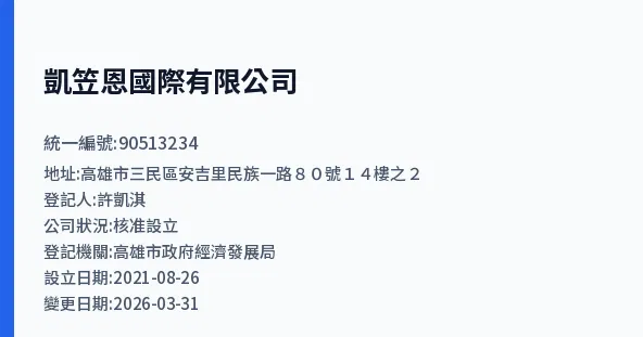 凱笠恩國際有限公司的照片-統編 90513234(高雄市) 公司登記資料與營業項目詳細圖表