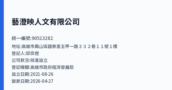 藝澄映人文有限公司的照片-統編 90513282(高雄市) 公司登記資料與營業項目詳細圖表