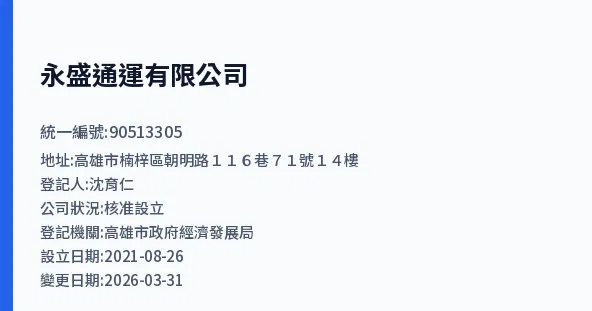 永盛通運有限公司的照片-統編 90513305(高雄市) 公司登記資料與營業項目詳細圖表