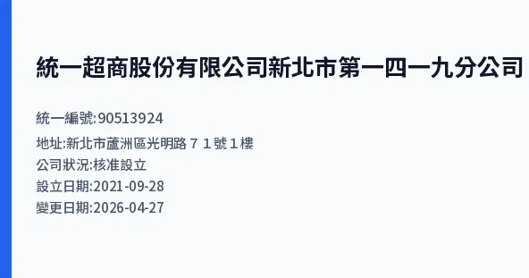 統一超商股份有限公司新北市第一四一九分公司的照片-統編 90513924(新北市) 公司登記資料與營業項目詳細圖表