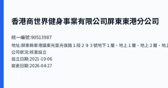 香港商世界健身事業有限公司屏東東港分公司的照片-統編 90513987(屏東縣) 公司登記資料與營業項目詳細圖表