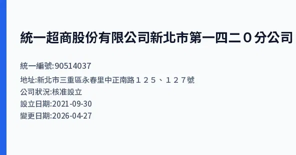 統一超商股份有限公司新北市第一四二0分公司的照片-統編 90514037(新北市) 公司登記資料與營業項目詳細圖表